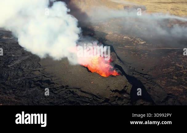 Volcano eruption, Red hot burning lava erupts from ground in Iceland ...