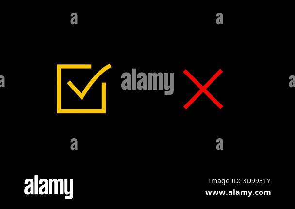 Yellow check mark and red cross icon set on black background, simple ...