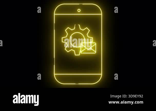 Yellow neonstyle phone icon with settings and envelope displayed on a ...