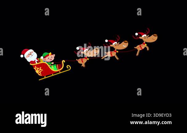 Santa Claus Sleigh With Elf And Reindeer Flying 4K Animation Video ...