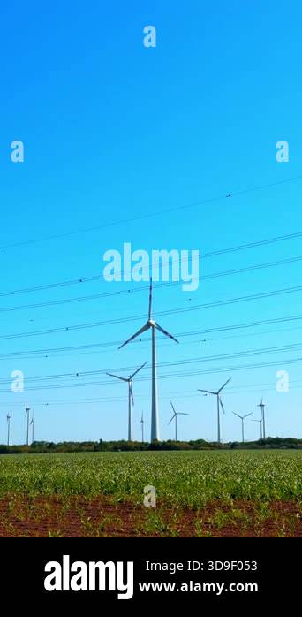 Multiple wind turbines with overhead power lines across green ...