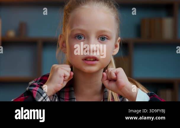 Portrait at home furious angry child kid girl little annoyed irritated ...