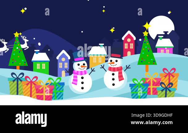 A festive animated Christmas scene. Santa Claus flies in his reindeer ...