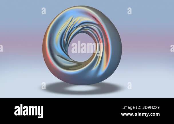 4K seamless loop of a glossy metallic torus with shifting red-blue ...
