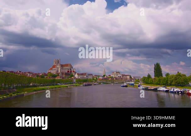 View of city landscape of Auxerre on River Yonne, Burgundy, France ...
