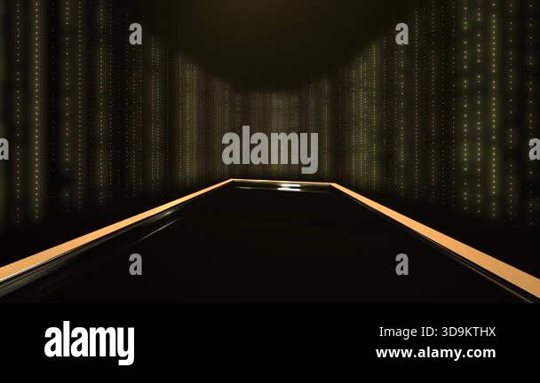 futuristic data runway with glowing golden trim and vertical code ...