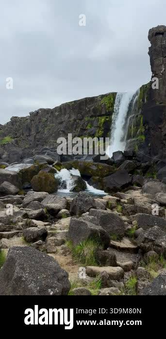 Icelandic waterfall Cascade With Lava Rocks nature Background. High ...