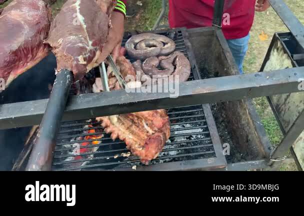 Barbecue on grill severals, kind of meats, black pudding, blood sausage ...