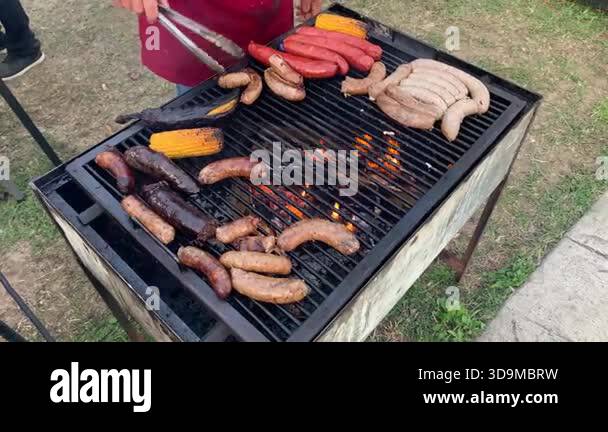Barbecue on grill severals, kind of meats, black pudding, blood sausage ...