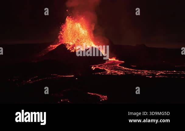 Powerful lava fountains from the volcanic eruption in Iceland Stock ...