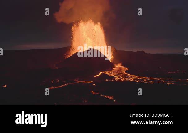 Powerful lava fountains from the volcanic eruption in Iceland Stock ...