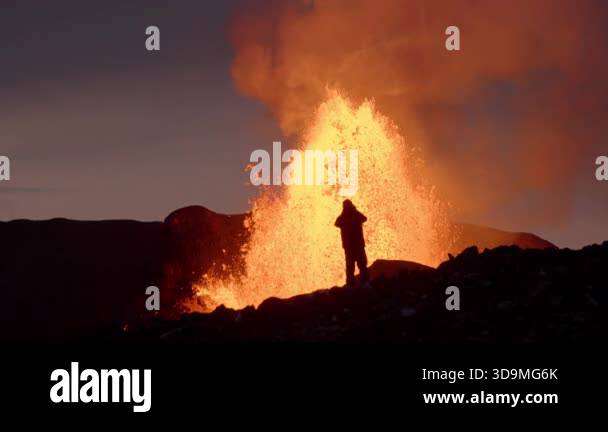 Powerful lava fountains from the volcanic eruption in Iceland Stock ...