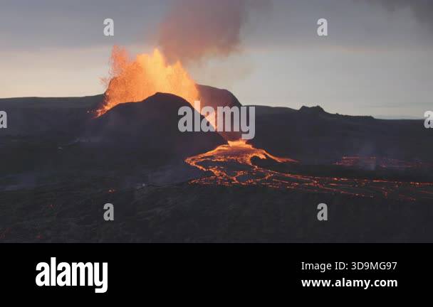 Powerful lava fountains from the volcanic eruption in Iceland Stock ...