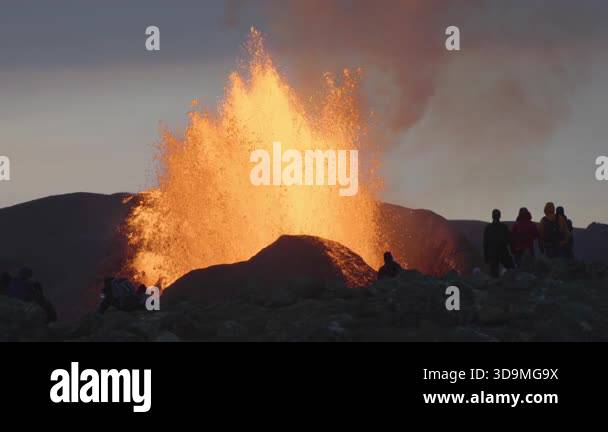 Powerful lava fountains from the volcanic eruption in Iceland Stock ...