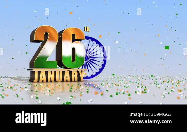 26 January Tricolor 3D Text with Rotating Ashoka Chakra and Falling ...