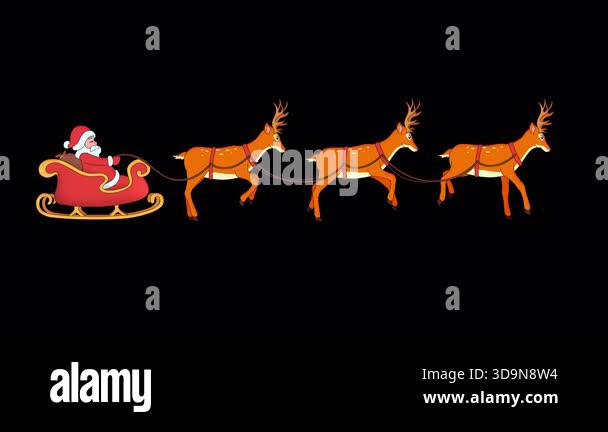 2D cartoon animation of Santa Claus flying in a sleigh, pulled by ...