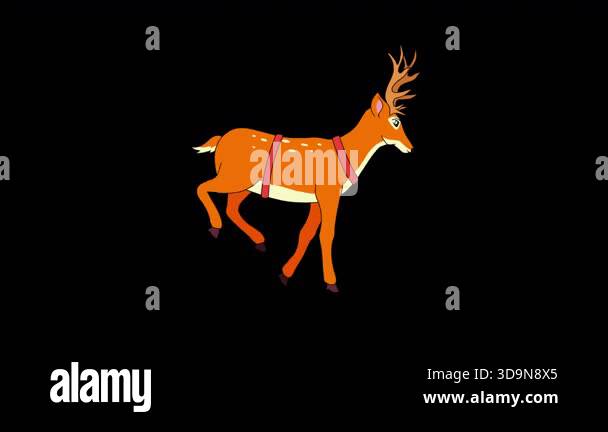 2D cartoon animation of a Christmas reindeer with a red harness ...