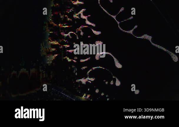 Pixel wave. Color distortion. Purple yellow splash glowing noise ...