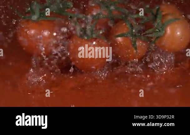 Fresh tomatoes are splashed with water in a kitchen. The orange background highlights the water ...