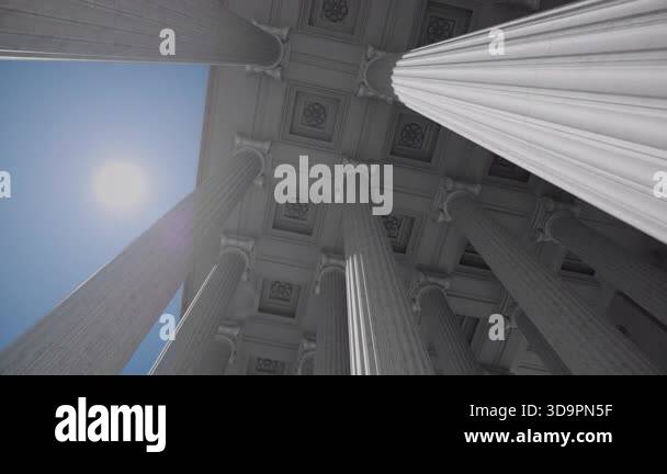 Classical marble columns and coffered ceiling viewed from below. 3D ...