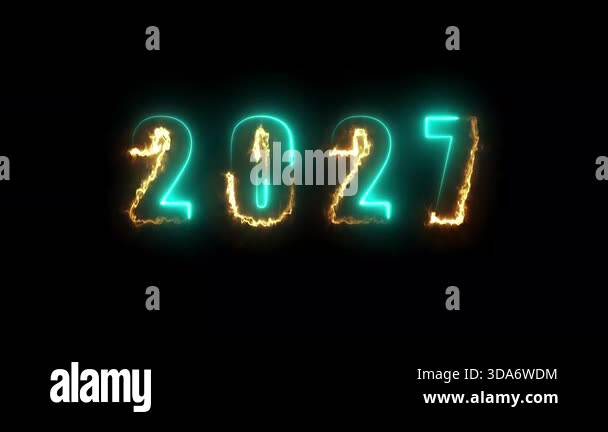 Happy New Year 2027. Neon light and flame animation text running around ...