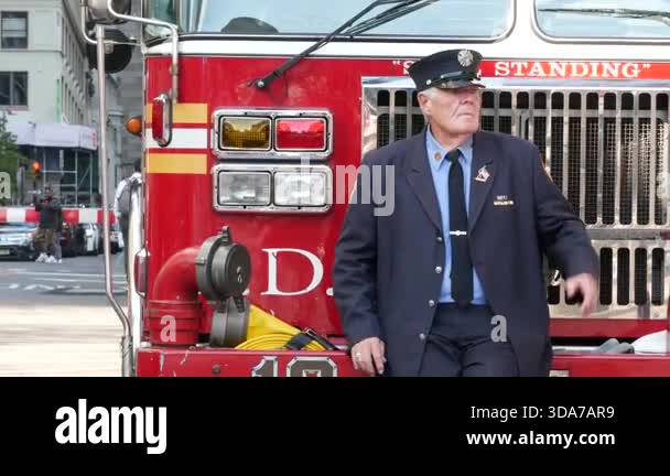 New York City, United States - 11 September 2024: Old firefighter and ...