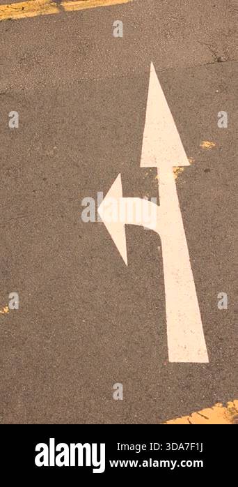 White road arrow marking on asphalt indicates allowed directions ...