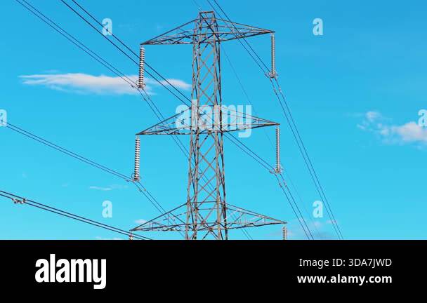 Huge metallic pylon holding several suspended wires. Power lines ...