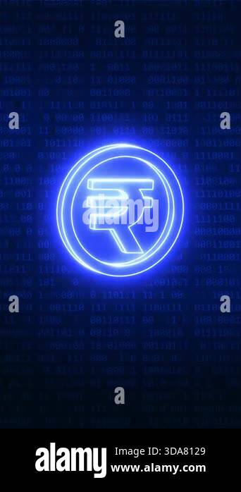 Indian rupee neon symbol floating over a binary code background ...