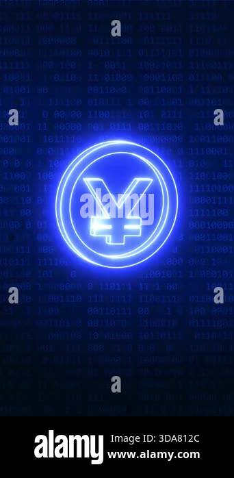 Neon blue japanese yen or chinese yuan symbol glowing and pulsing over ...