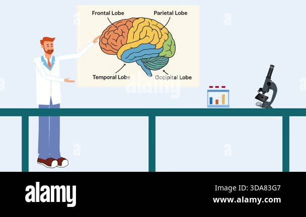 Animated scientist in a white lab coat explaining the human brain on a ...