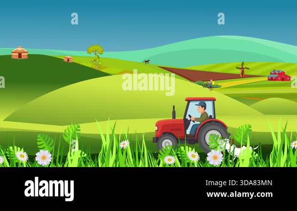 Animated Countryside Landscape with Green Hills, Tractor, Wind Turbine ...