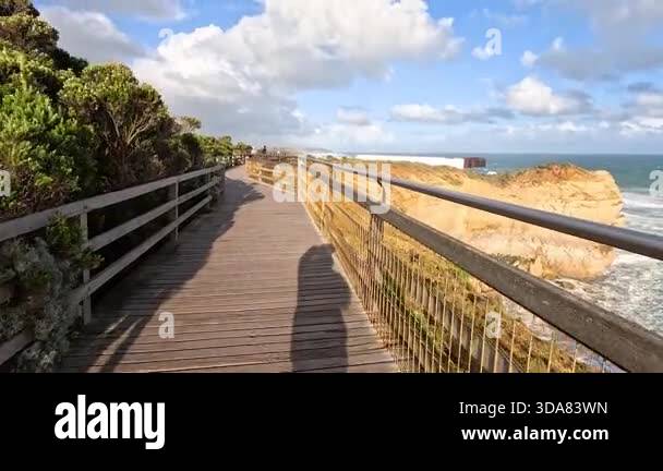 Wooden path with ocean and cliff views Stock Video Footage - Alamy