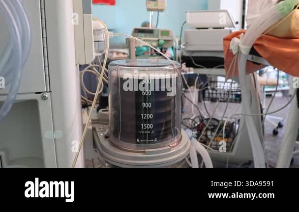 Close up view of the mechanical ventilator bellows moving during ...