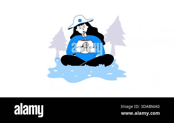 A girl drinking coconut water concept animated illustration of summer ...
