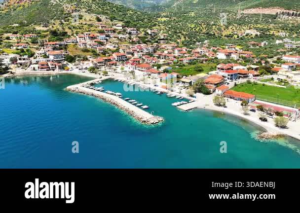 Aerial drone view of Glyfada, a coastal village in Central Greece ...