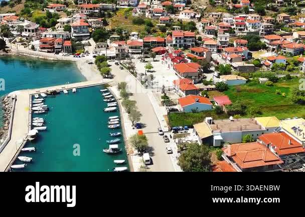 Aerial drone view of Glyfada, a coastal village in Central Greece ...
