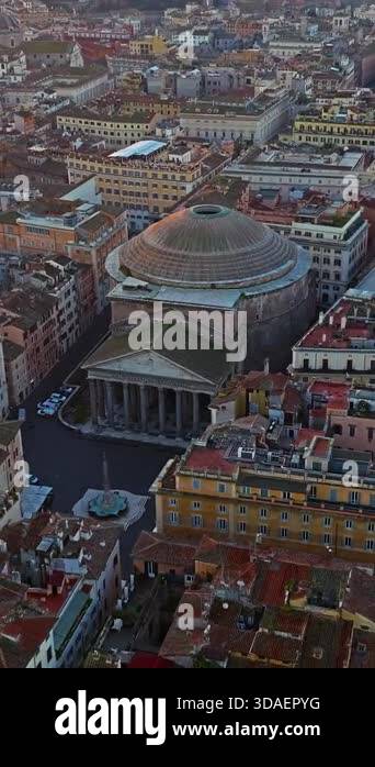 Pantheon facade in Rome, Italy, aerial descending on the ancient ...