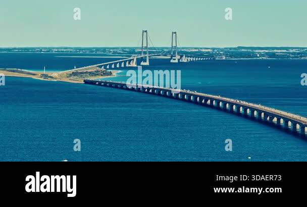 Aerial view of Great Belt Bridge at summer. The iconic sea crossing ...