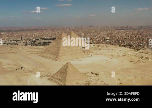 Drone aerial view of the Giza pyramids showing the iconic pyramids of ...