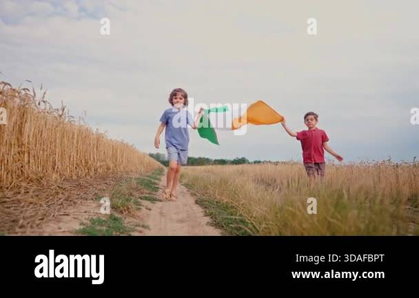 Happy children run through sunny rural landscape holding the Irish flag ...