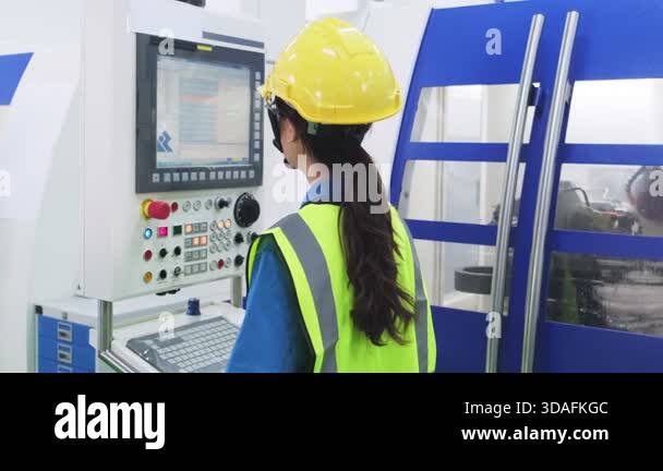 Female worker people wearing protective safety helmet in production ...