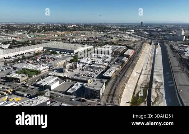 Los Angeles Downtown Pan R Aerial Shot at LA River California USA Stock ...