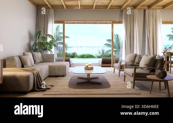 3D animation render of a modern contemporary coastal living room with ...
