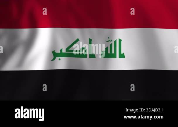 Iraqi national flag billowing softly, red, white, black, and green ...