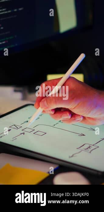 Tablet Stylus Diagram Workflow Planning Coding Workspace. Close-up hand ...