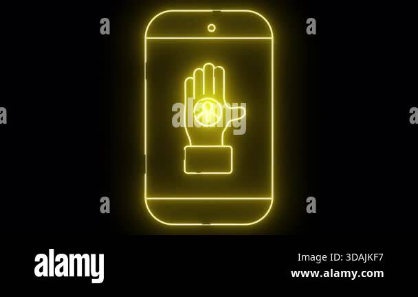 Yellow neon phone outline with a neon hand inside displaying a figure ...