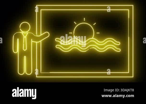 A neon yellow stick figure presents a picture of a sun setting over ...
