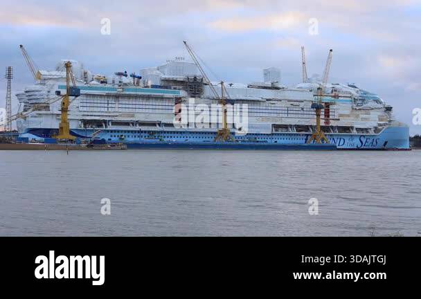 4K video showing the construction of a large ship at sea, filmed from a ...