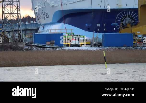 4K video showing the construction of a large ship at sea, filmed from a ...